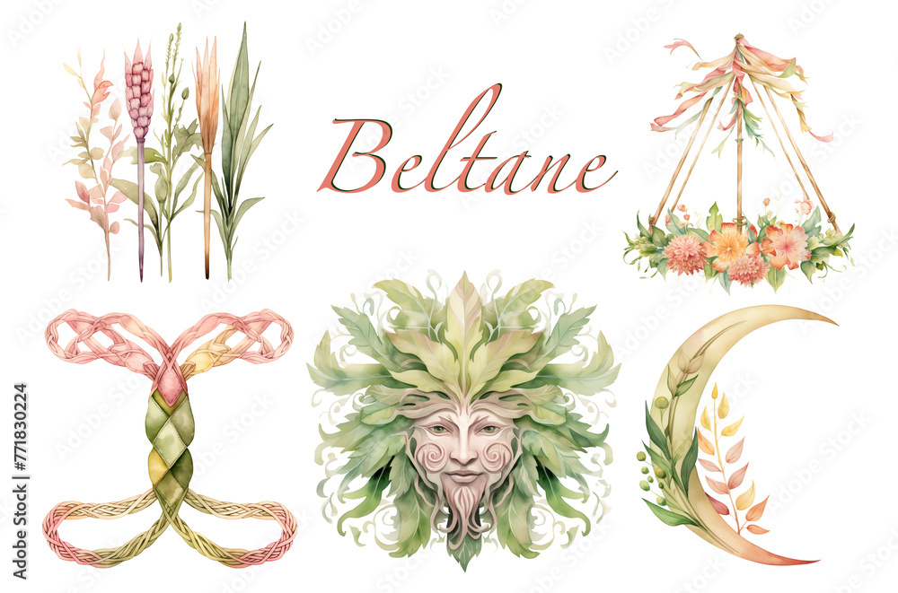 Green and Pink fertility festival Set of Beltane Wiccan watercolor ...