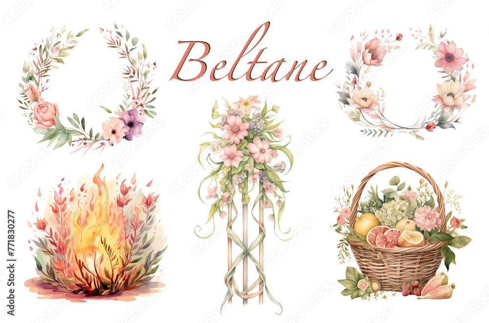 Green and Pink fertility festival Set of Beltane Wiccan watercolor ...