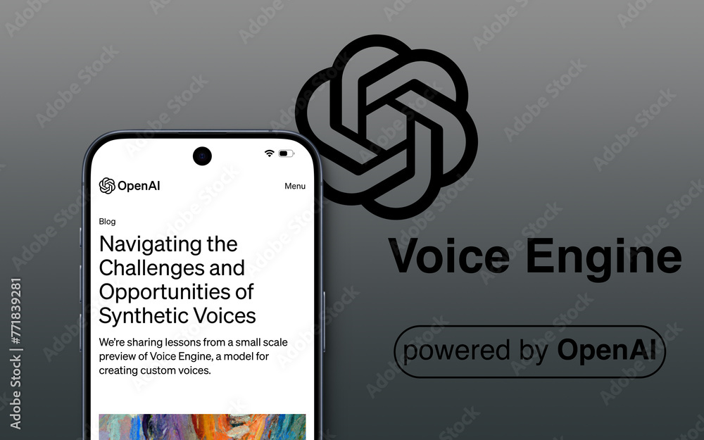 Voice Engine by OpenAI Website displayed on a modern smartphone, OpenAI Logo and gray gradient ...