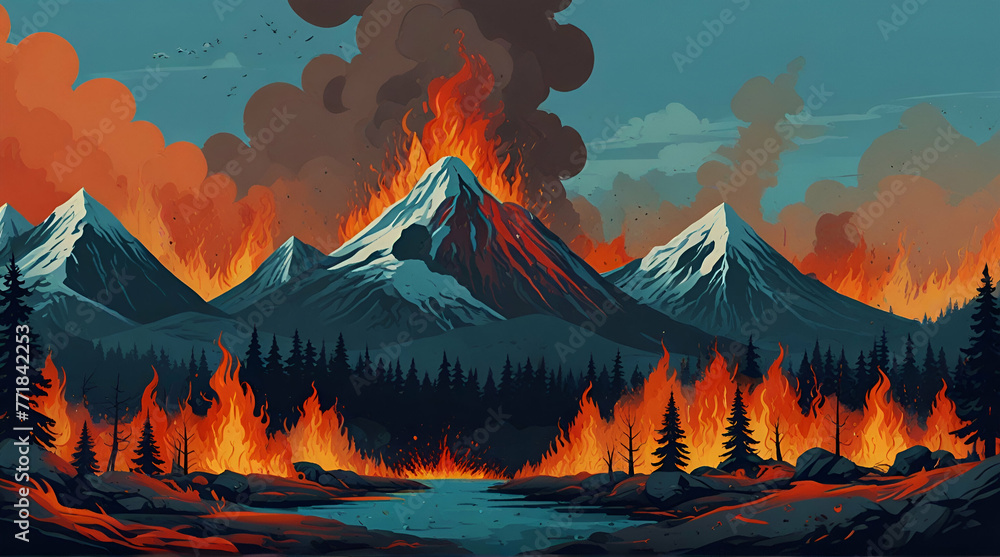Climate change recolor set of forest fires volcanic eruption melting ...