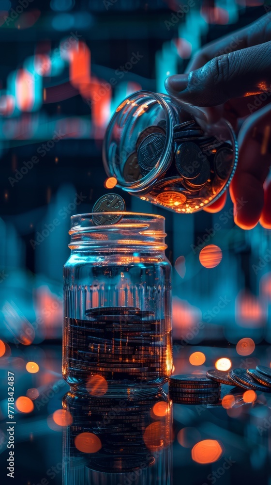 Hand dropping coins into a jar labeled Savings, against a backdrop of ...