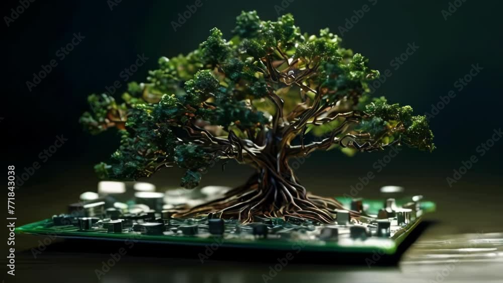Green natural eco-friendly tree and computer technology on an abstract ...