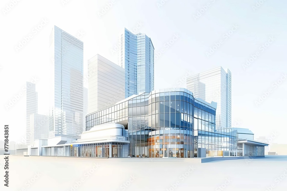 Futuristic city shopping mall with high-rise buildings and glass ...