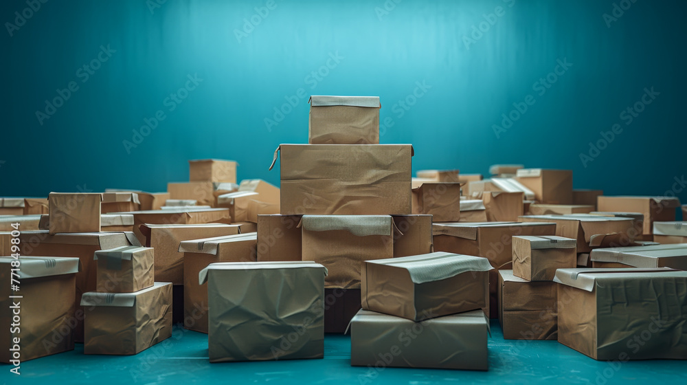 A stack of cardboard boxes is piled up against a blue wall. The boxes ...