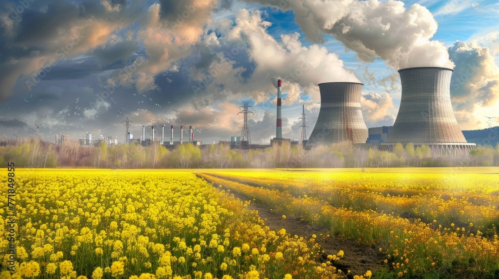 Nuclear power plant and field, A contrast of industry and nature with ...
