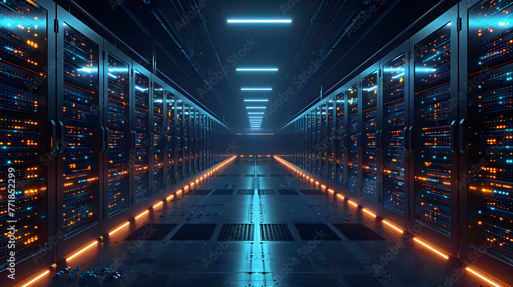 Modern Data Technology Center Server Racks in Dark Room with VFX ...