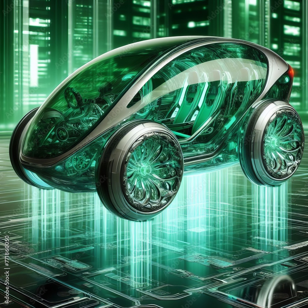 flying electric car with futuristic design, transparent made of glass ...