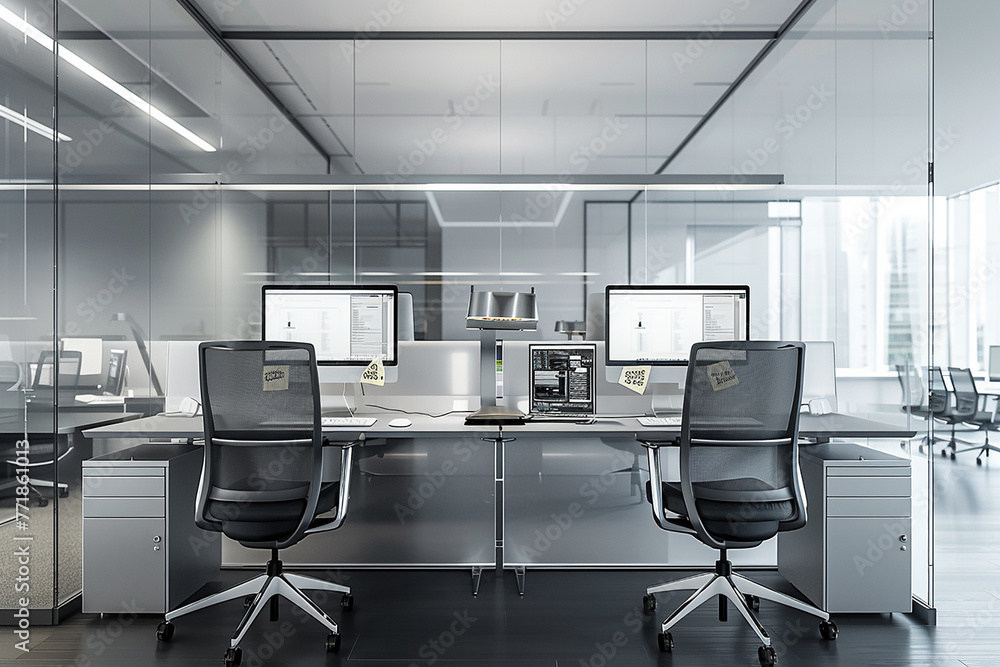 A contemporary cubicle with frosted glass partitions, each workstation ...