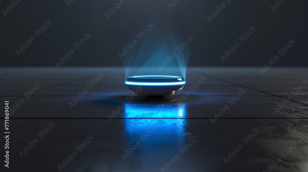 A luminous, futuristic medal floating above a dark, clean surface ...