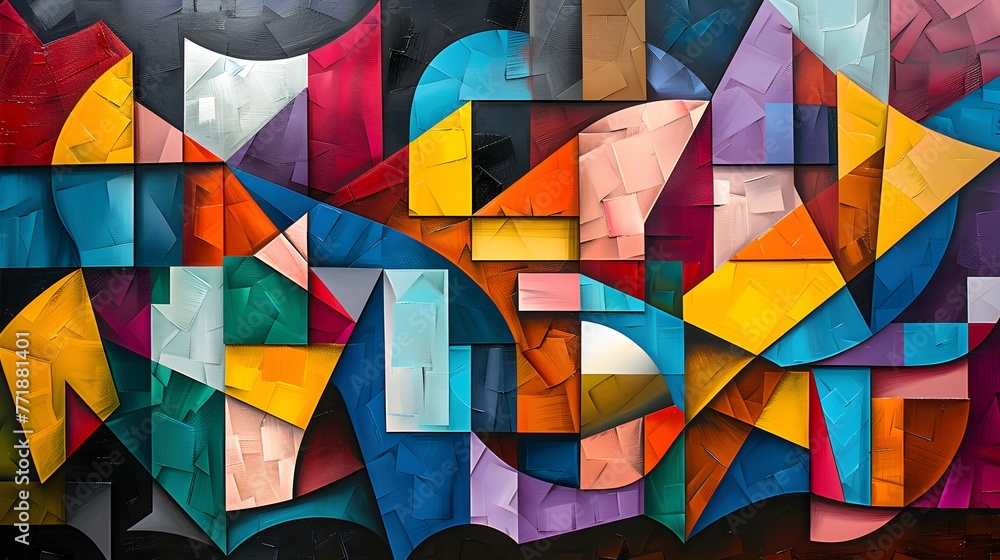 Geometrically stylized facial elements come alive in this vibrant ...