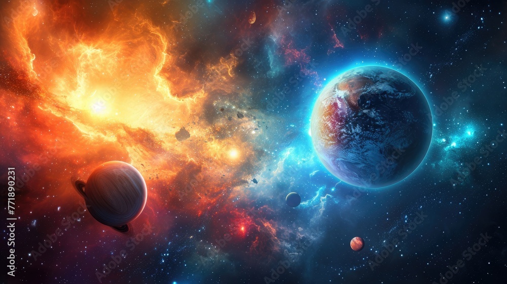 Space cosmic background with planets and colorful cosmic elements, A ...