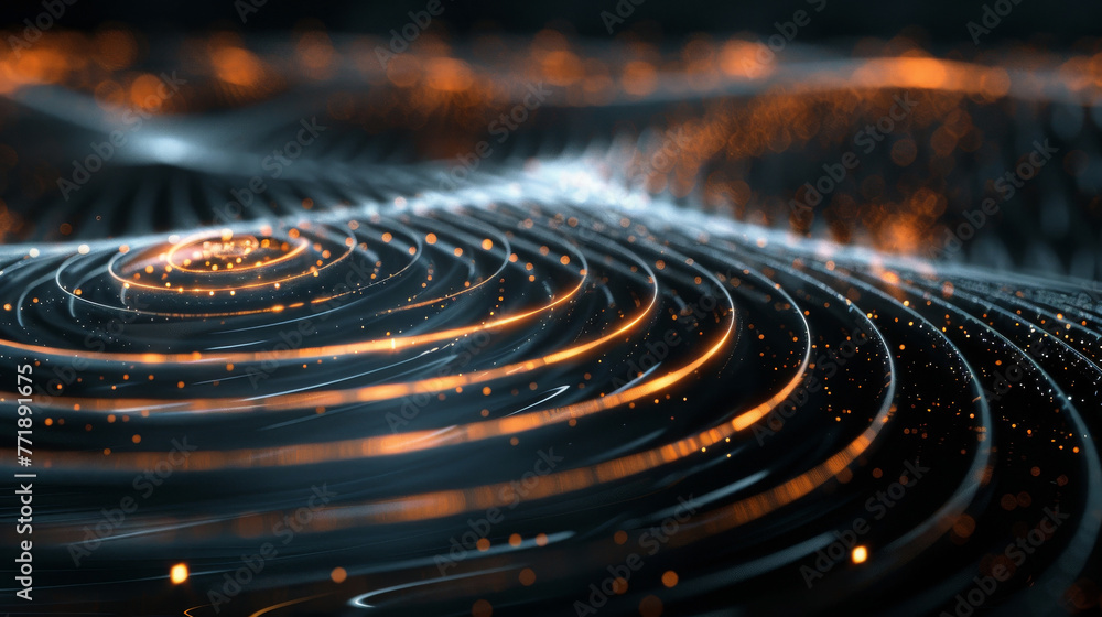 Interlocking circular sound waves with radiant energy lines, on a dark ...