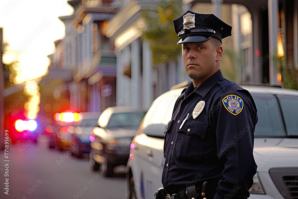 Police officer patrolling neighborhoods to maintain safety, A vigilant ...