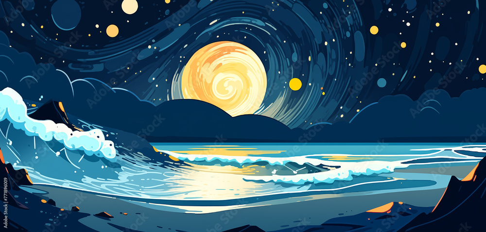 Hand drawn cartoon illustration of beach under beautiful night sky ...