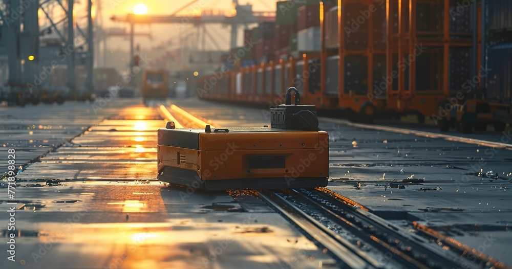 Automated guided vehicle (AGV) on site, close view, early morning, wide ...