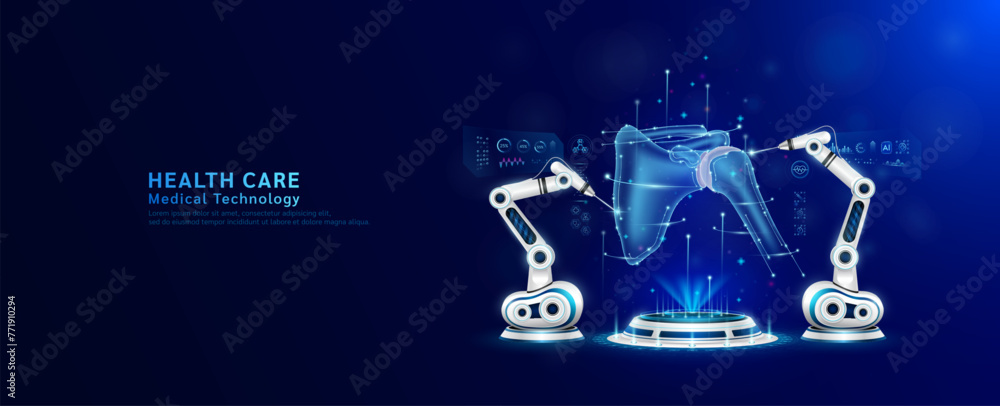 Robot arms operating healing bone shoulder joint on the podium. Robotic ...