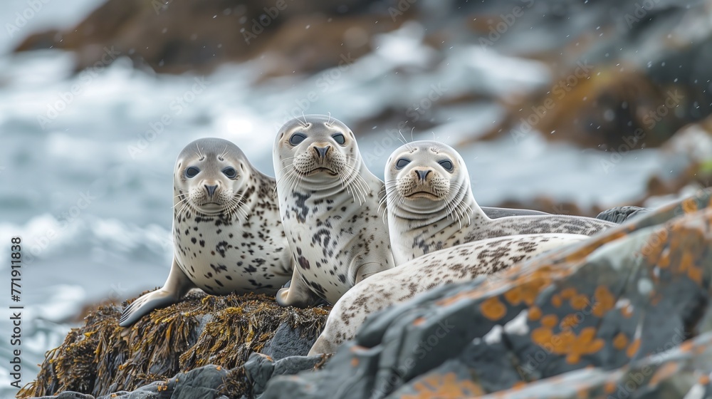 Harbor Seals Resting on Rocky Shore. Trio of spotted harbor seals ...