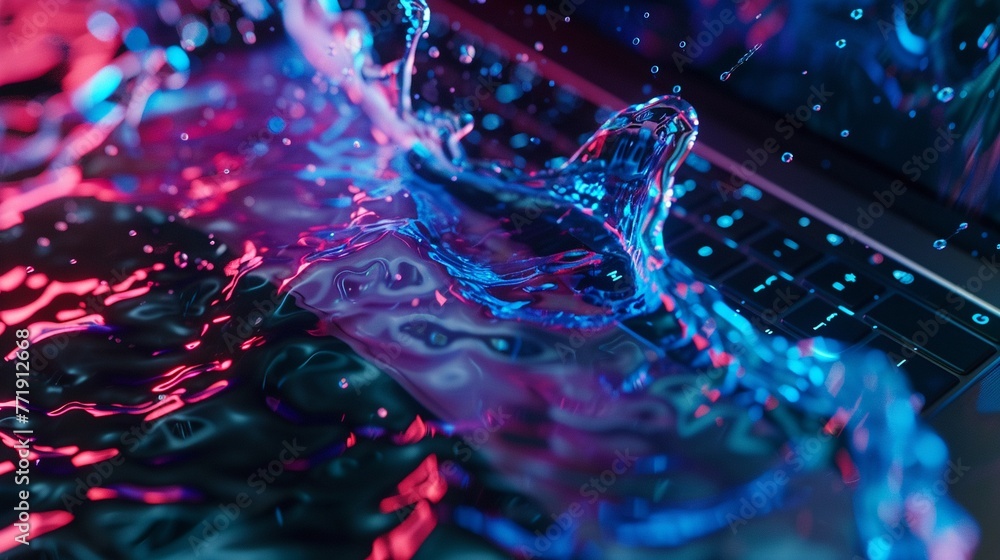 Abstract cyber water waves merging with a laptop, neon lights, surreal ...