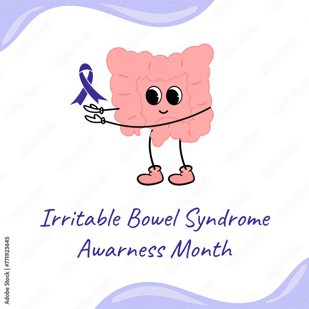 Bowel Cartoon Bring Ribbon For IBS Celebration. illustration of Irritable bowel syndrome ...