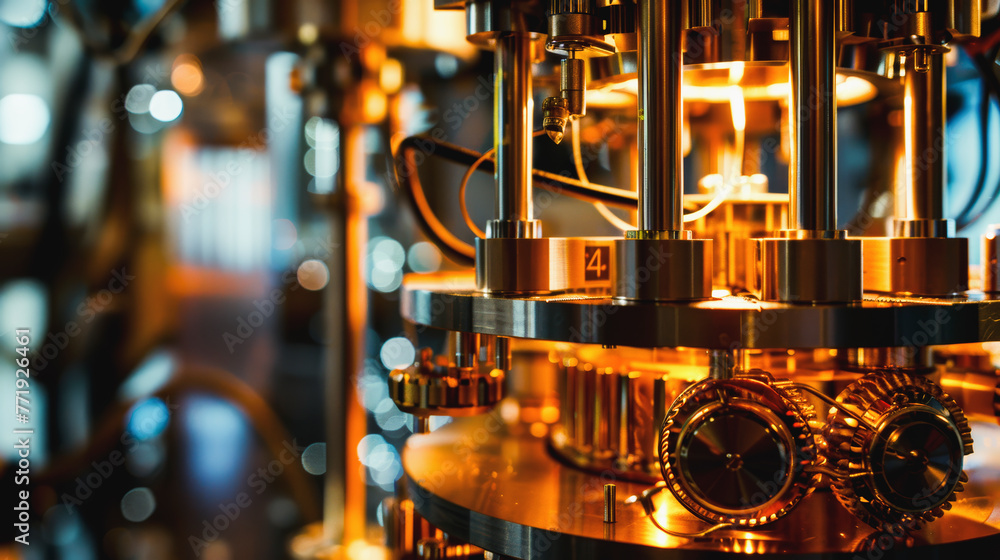 Quantum computer, gold silver mechanism isolated on white background ...