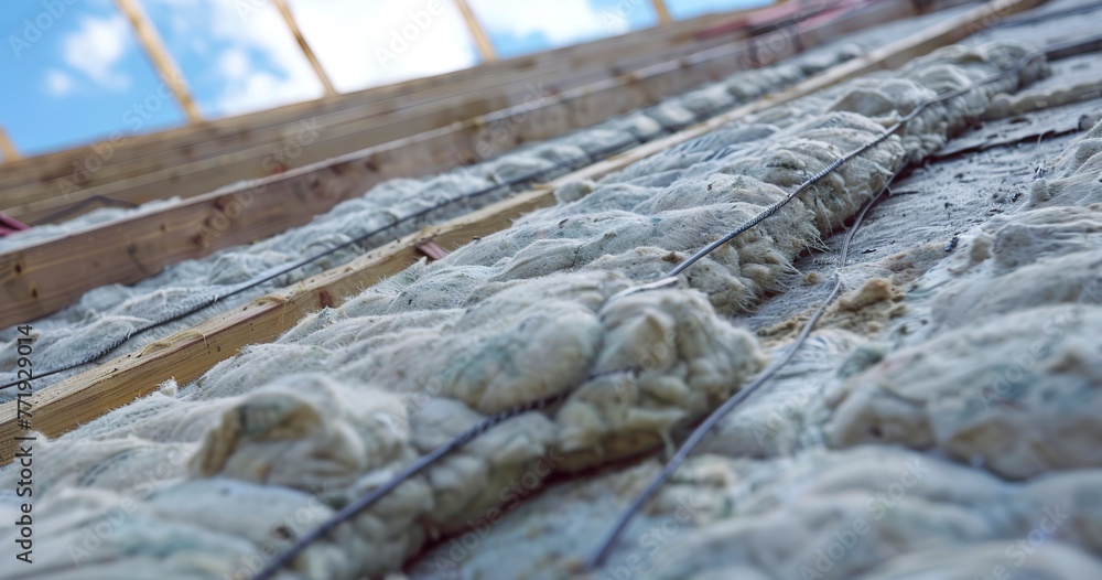 Insulation layers being installed, close-up, clear day, wide lens ...