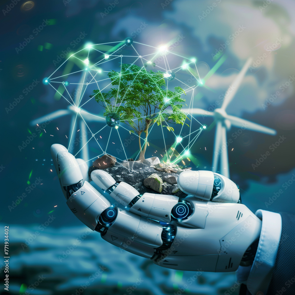 robot hand holding a plant, AI empowers sustainability and smart ...