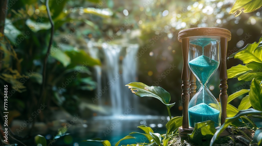 Hourglass with blue sand It stands tall on the edge of lush greenery ...