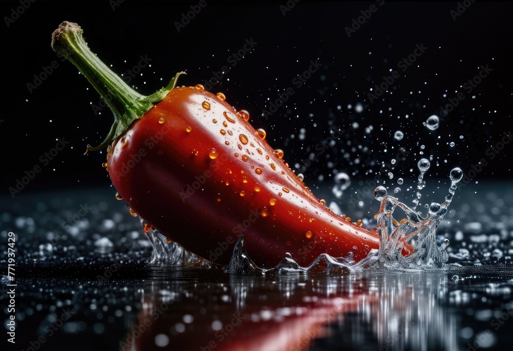 Water splashing on a vibrant red chili pepper, capturing the intensity ...