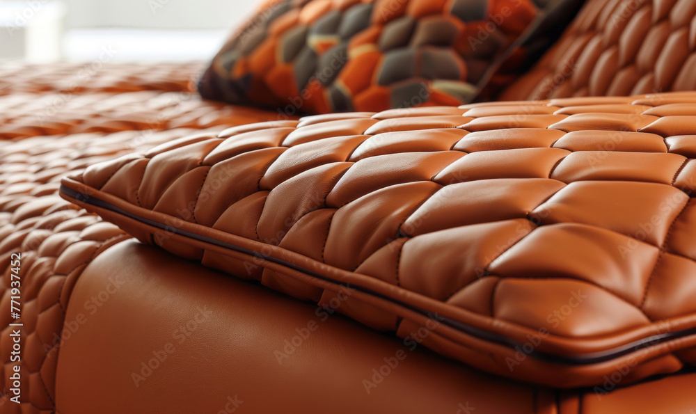 A close-up of a brown leather sofa, featuring a repeating pattern with ...