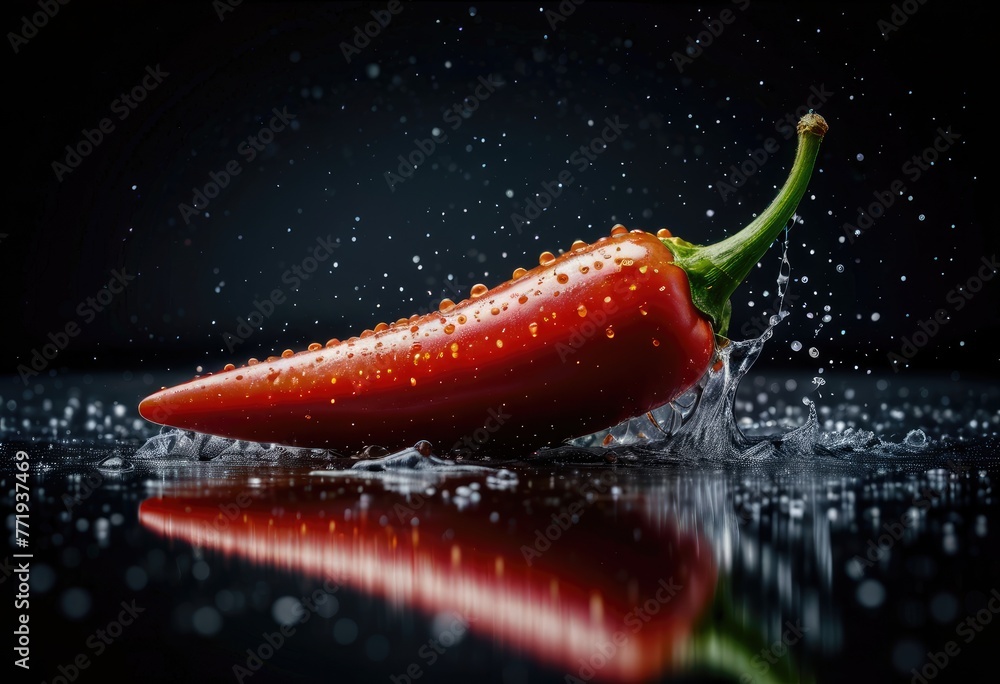 Water splashing on a vibrant red chili pepper, capturing the intensity ...