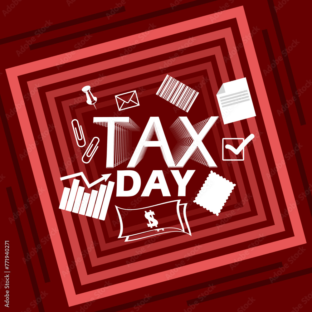 Tax Day event banner. Bold text with various element icons in frame on ...