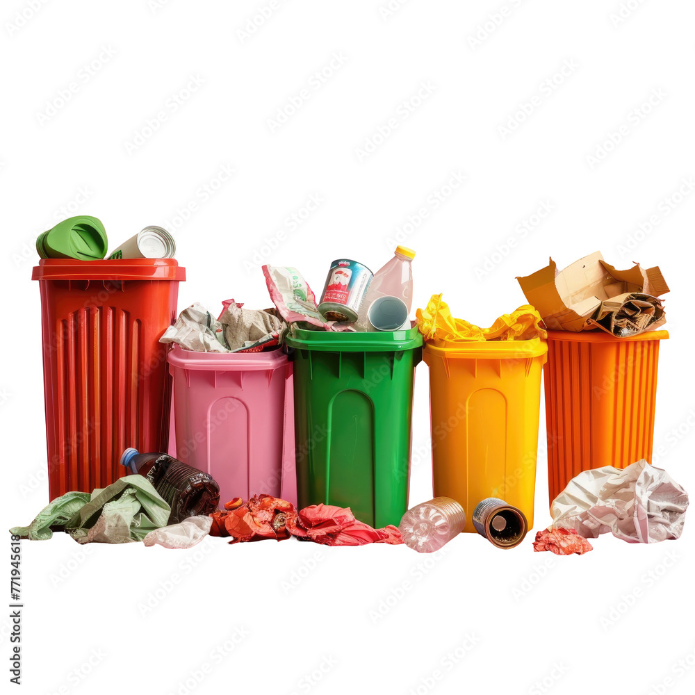 Colorful waste containers filled with trash on transparent background ...