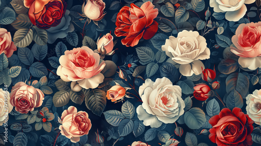 This image showcases a dense arrangement of red and peach roses with a ...