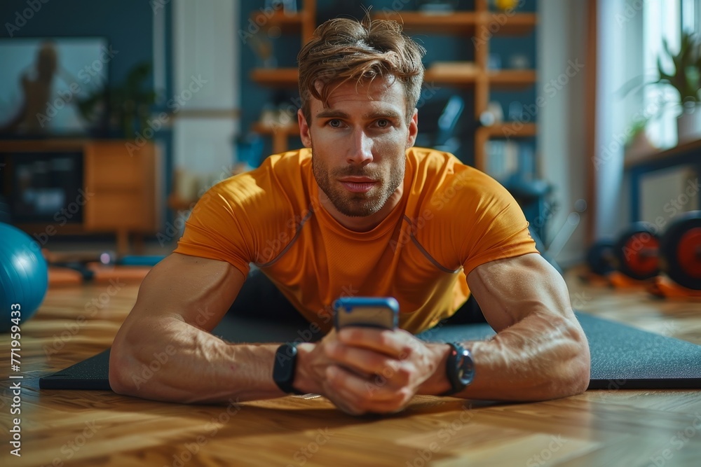 Young man using timer or fitness workout app on mobile phone while ...