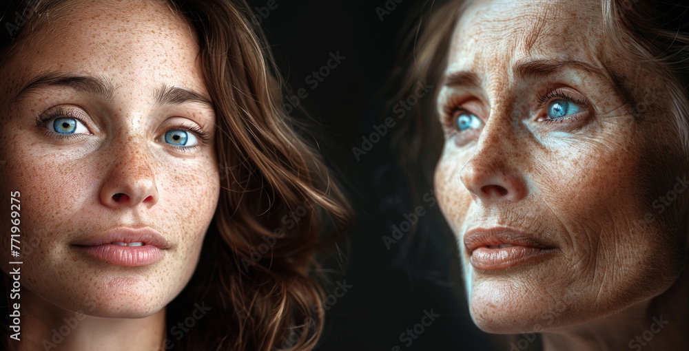 Dual-faced image of a woman: one side with youthful skin, the other ...