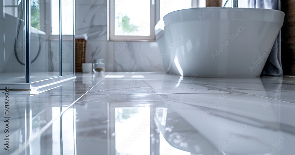 Tiling a luxury bathroom floor, close-up, bright light, wide lens ...