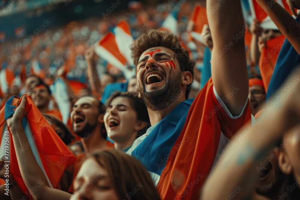 Football fans celebrating victory at stadium - Diverse group of fans ...