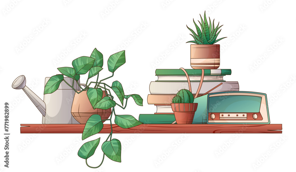 Vector illustration of shelf with houseplants, stack of books, radio ...