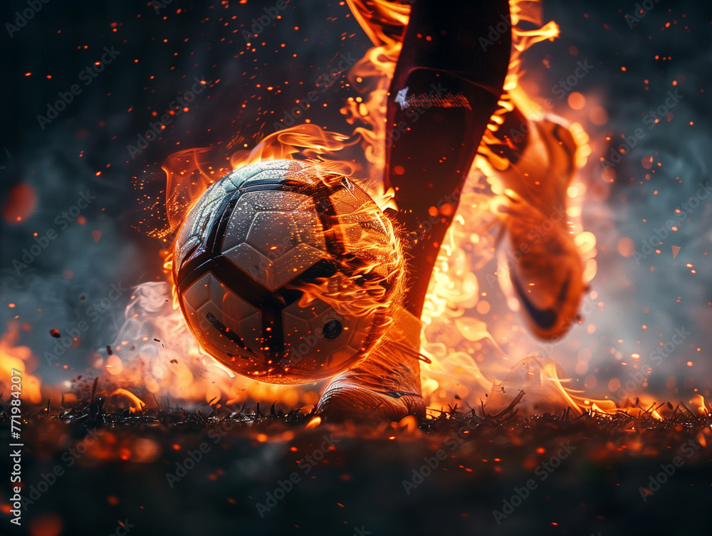 footballer's right foot striking a ball enshrouded in flames, floating ...
