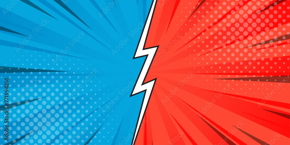 Pop art comic action background. Blue and red sunburst effect ...