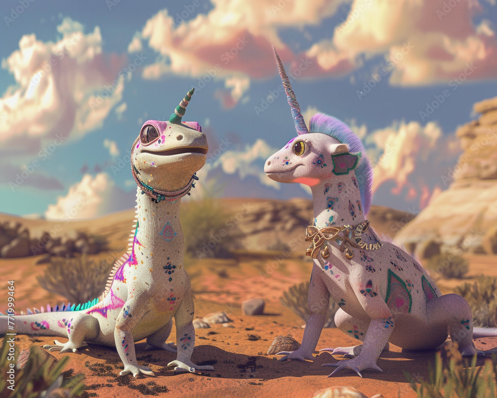 In a whimsical desert, a gecko wearing Arabic style accessories and a ...