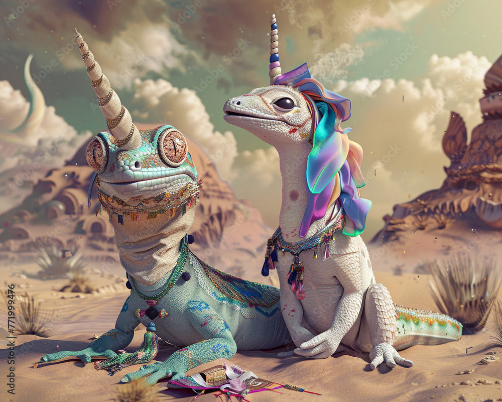 In a whimsical desert, a gecko wearing Arabic style accessories and a ...