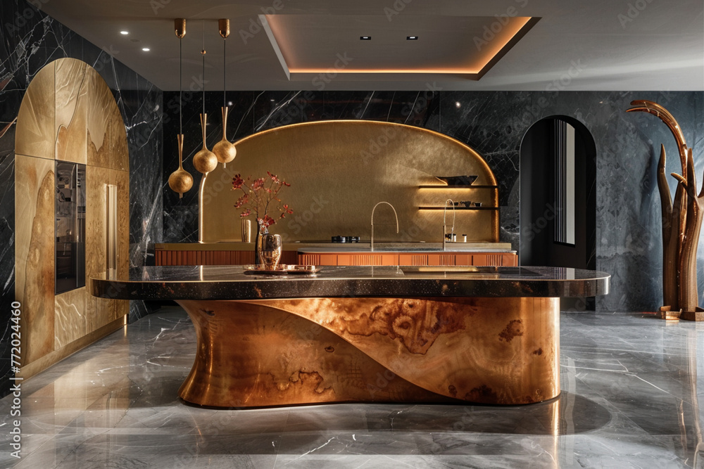 Create a luxurious abstract kitchen design with opulent materials ...