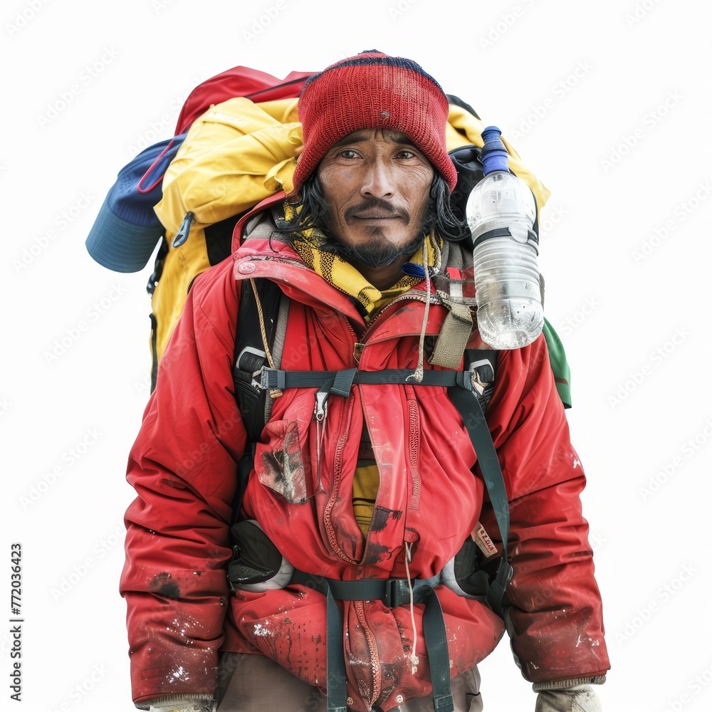A Nepali mountaineer, equipped for the Himalayas, showcasing the ...