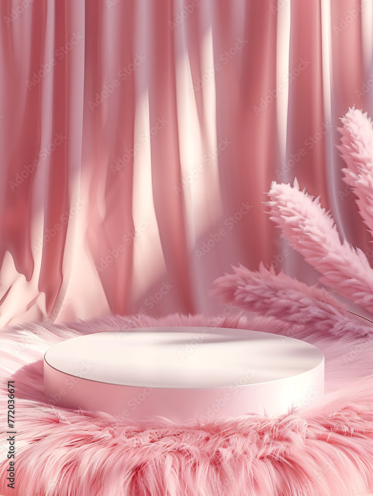 product display podium on pink fur with silk curtain background for ...