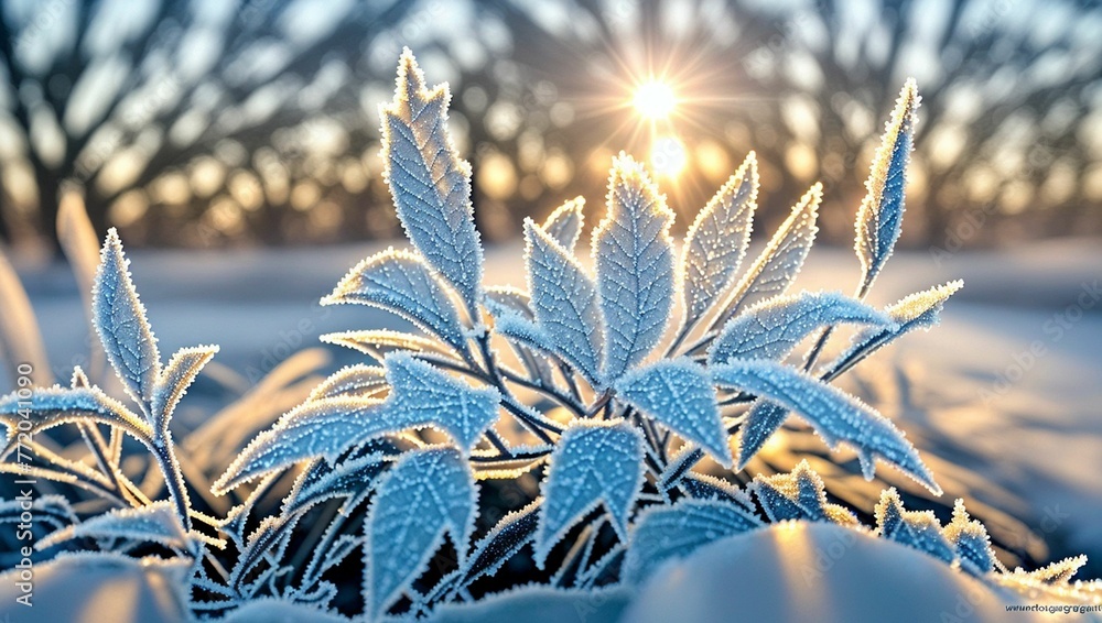 Freezing leaf, ice and snow crystals forming on a green leaf, close up ...