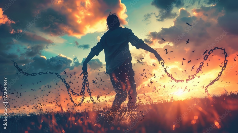 freedom concept, man breaking chains in natural field Stock Photo ...