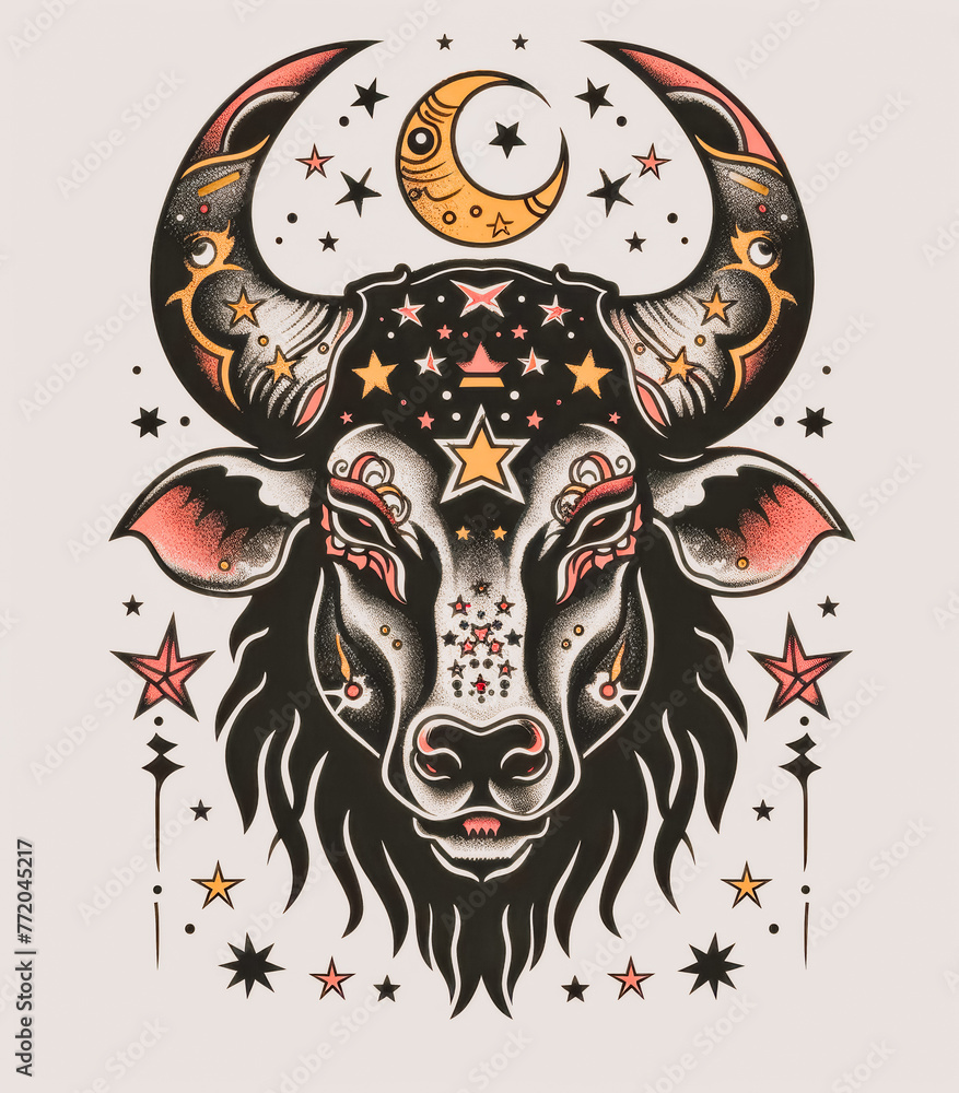 Majestic Bison with Celestial Symbols, Traditional Tattoo Art Style ...