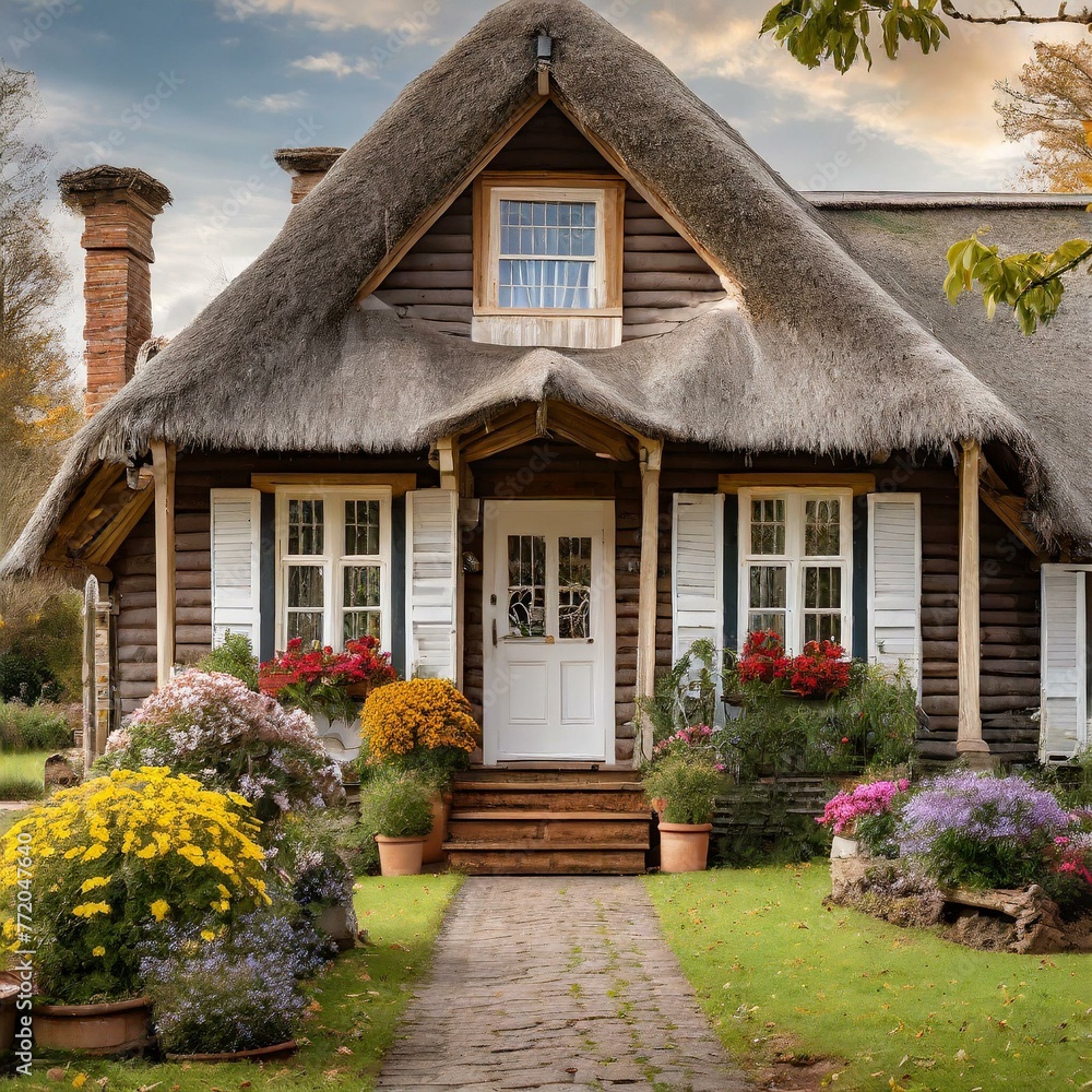 a quaint cottage-style wooden house with a thatched roof, flower-filled ...