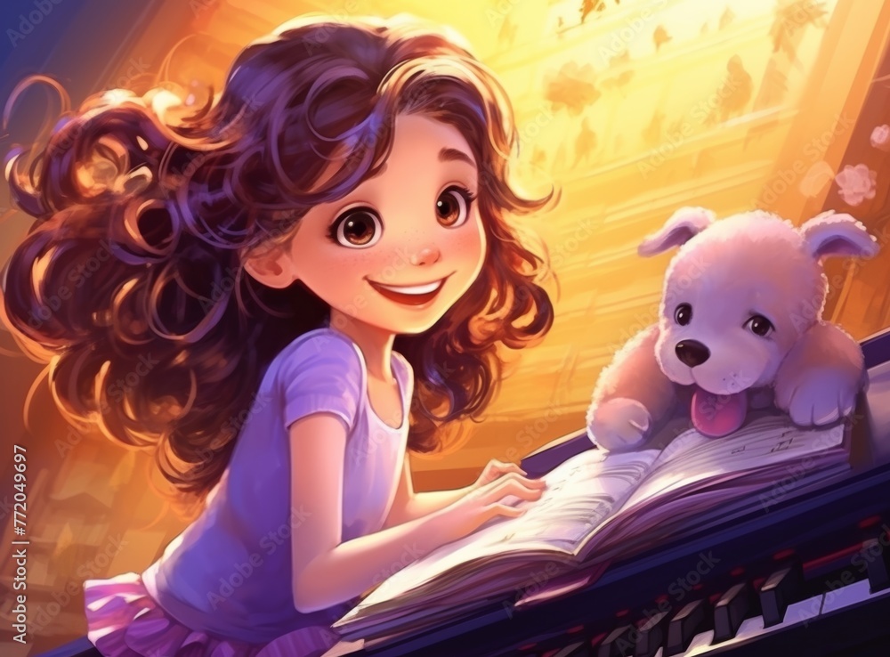 Little Smiling girl playing piano indoors with piano sheet by Digital ...